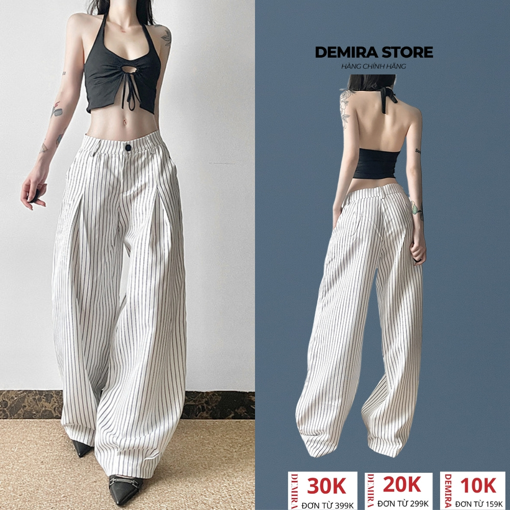 Quần ống suông nữ crooked pants DEMIRA, quần ống rộng kẻ sọc màu trắng ...