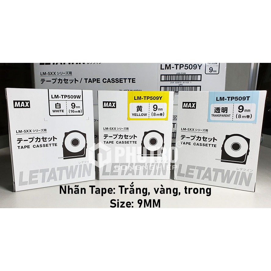 Nhãn tape 5mm, 9mm, 12mm (màu: Trắng, Vàng, Trong) dùng cho máy in đầu ...