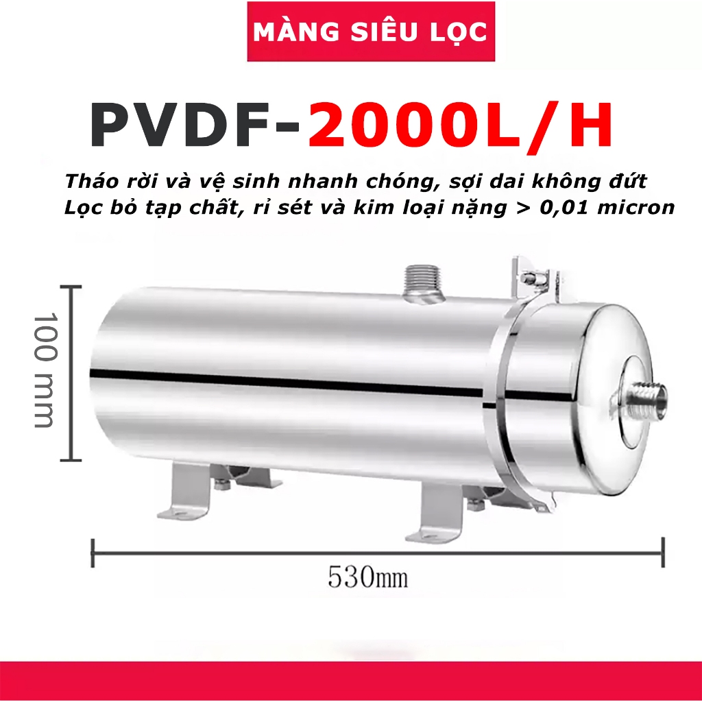Bộ lọc nước PVDF 2000L/h Vỏ Inox 304, màng UF siêu lọc 0,01 micron Tháo mở, vệ sinh lõi dễ dàng ...