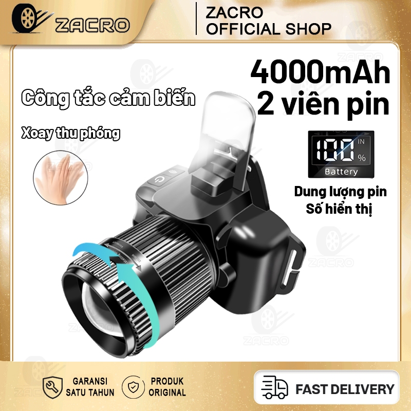 Đèn pin đội đầu zoom 4000mah ZACRO 2024 Đèn pin LED đèn cảm biến đèn ...