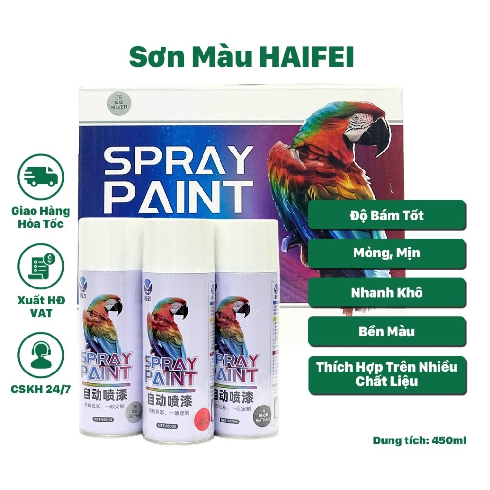 Bình xịt sơn HAIFEI, độ phủ cao, sơn mịn màu đẹp, ăn màu trên nhiều ...