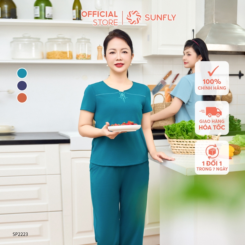 Đồ bộ mặc nhà nữ cotton SUNFLY áo cộc quần ngố SP2223 | Shopee Việt Nam