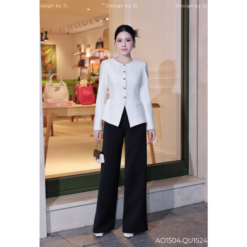 Set đồ nữ cao cấp IFY Design thiết kế áo peplum cổ tròn đính cúc xẻ tà ...