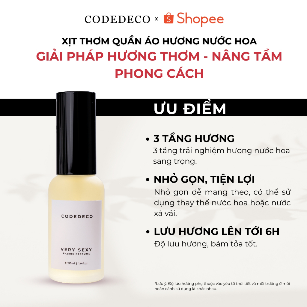 Xịt thơm quần áo hương nước hoa CODEDECO 30ml, 3 tầng hương, độ lưu ...