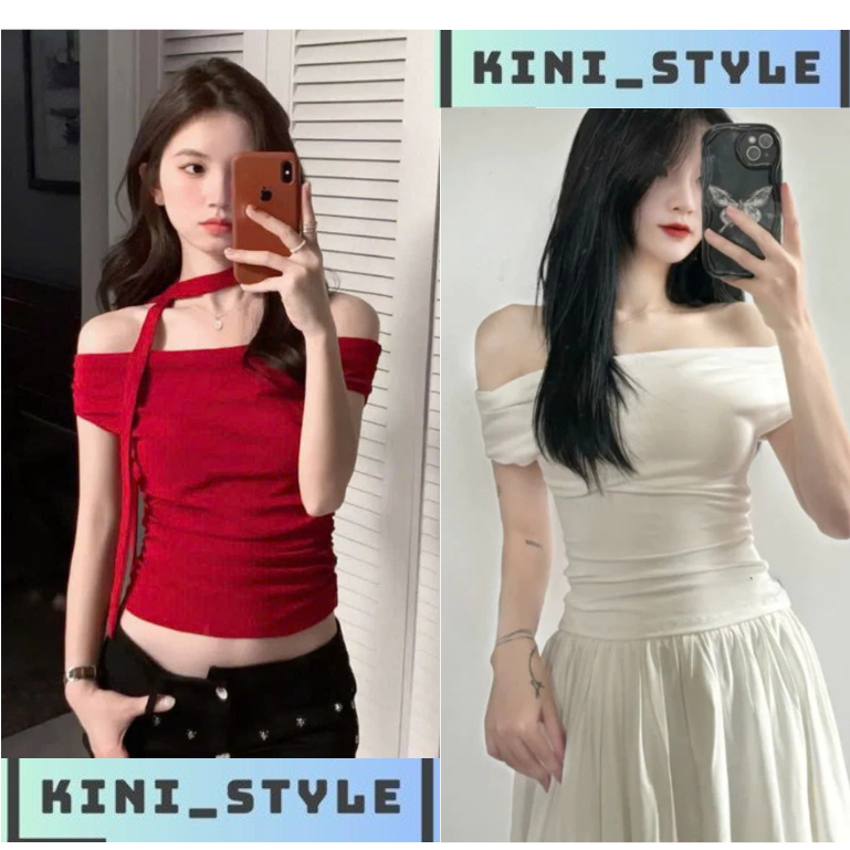 Áo kiểu nữ - áo trễ vai tay ngắn kèm dây nơ chất liệu thun tăm nhuyễn ...