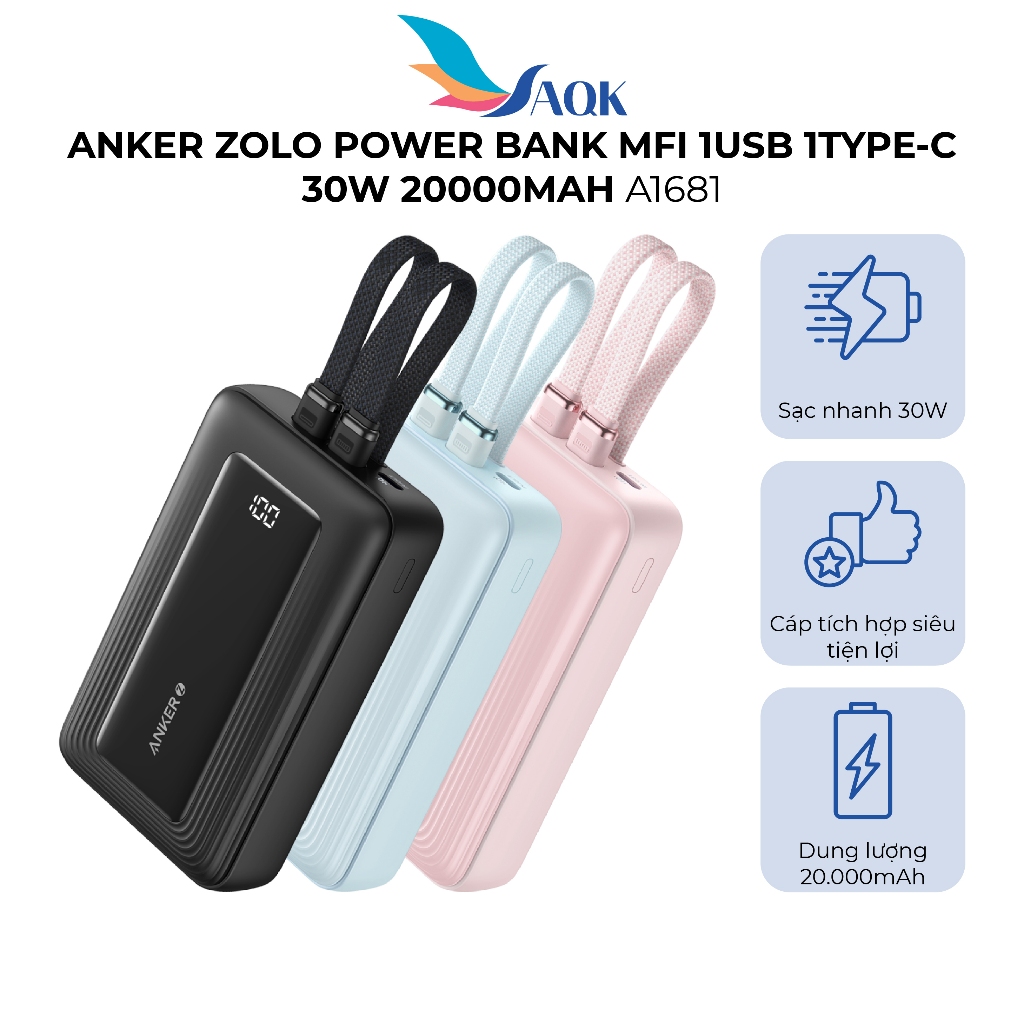 Sạc dự phòng Anker Zolo Power Bank MFI 1USB 1Type-C 30W 10000mAh A1680 - Hàng chính hãng ...