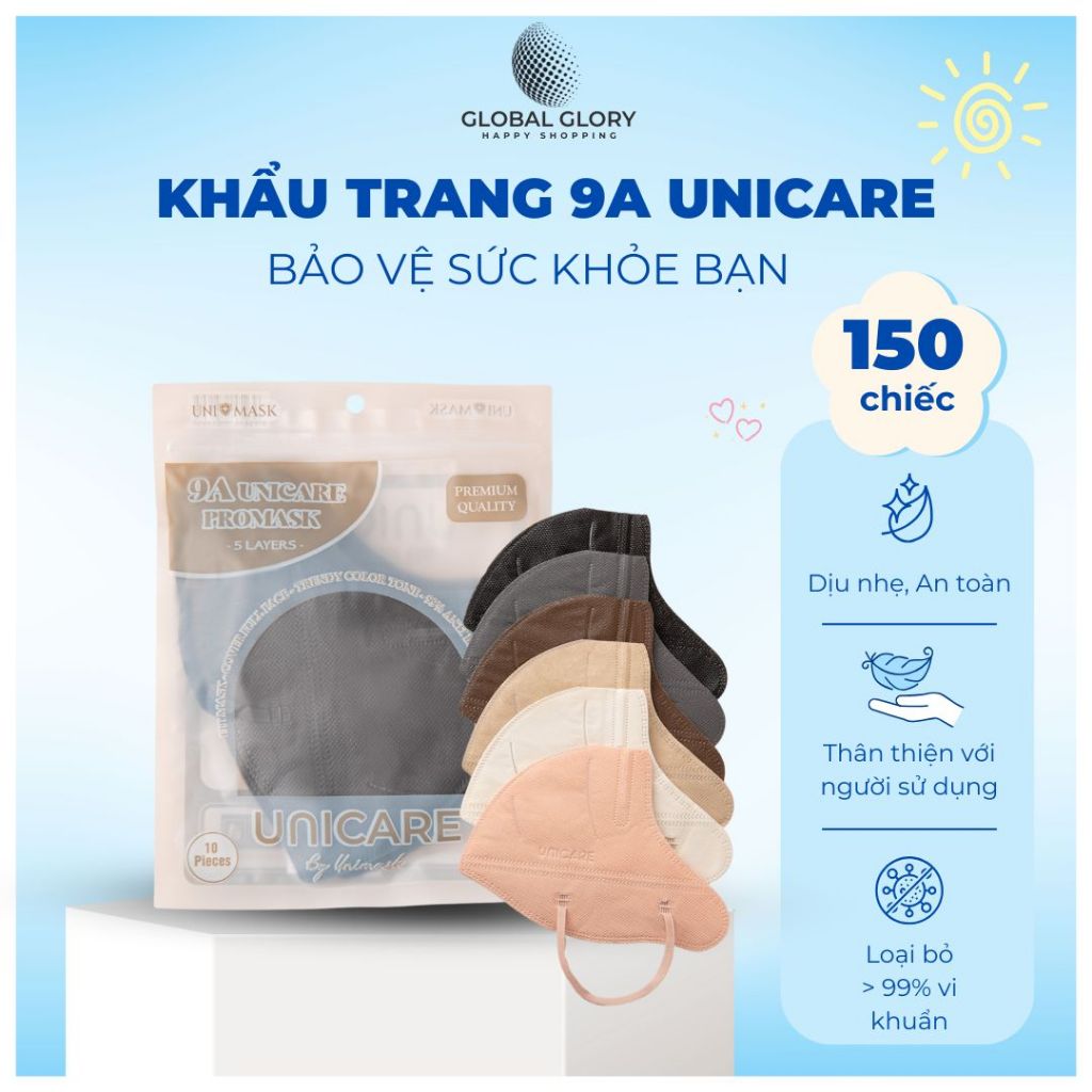 Thùng 150 chiếc khẩu trang 9A Unicare 5 lớp kháng khuẩn tuyệt đối, khẩu trang toàn mặt chống tia ...