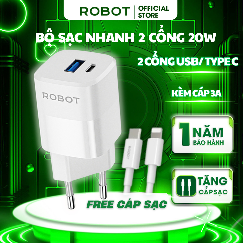 Cốc Sạc Nhanh 20W ROBOT RT-F1 RT-F7 QC 3.0 3A 2 Cổng Sạc - Bảo Hành 1 ...