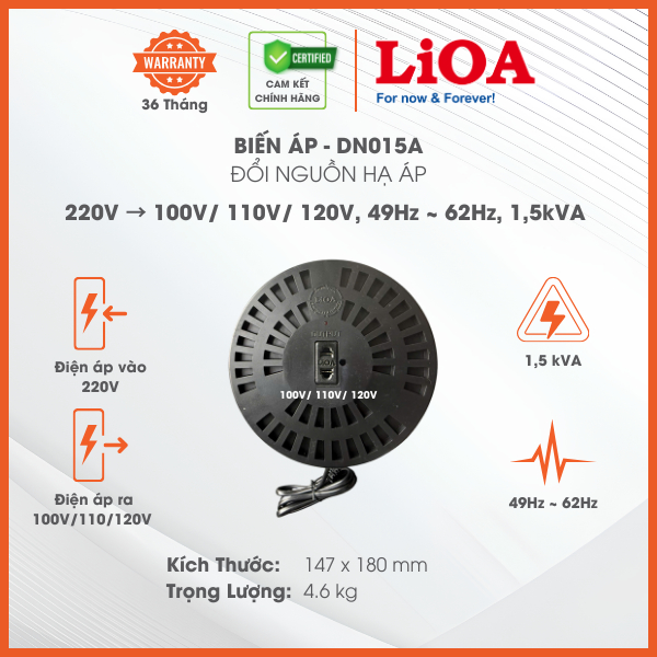 Biến Áp Đổi Nguồn Hạ Áp 1 Pha LiOA mã DN015A. Công suất 1500VA. Điện Áp Vào 220V, Điện Áp Ra ...