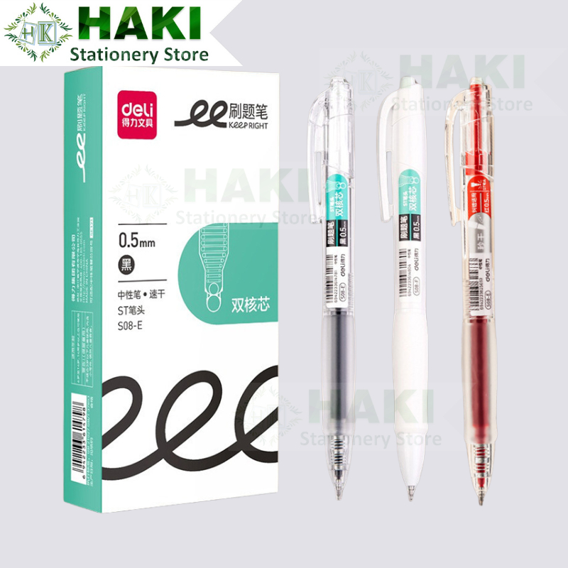 Bút bấm mực gel HAKi Deli S08-E ngòi 0.5mm màu đen/đỏ ngòi ST dùng cho học sinh sinh viên nhân ...