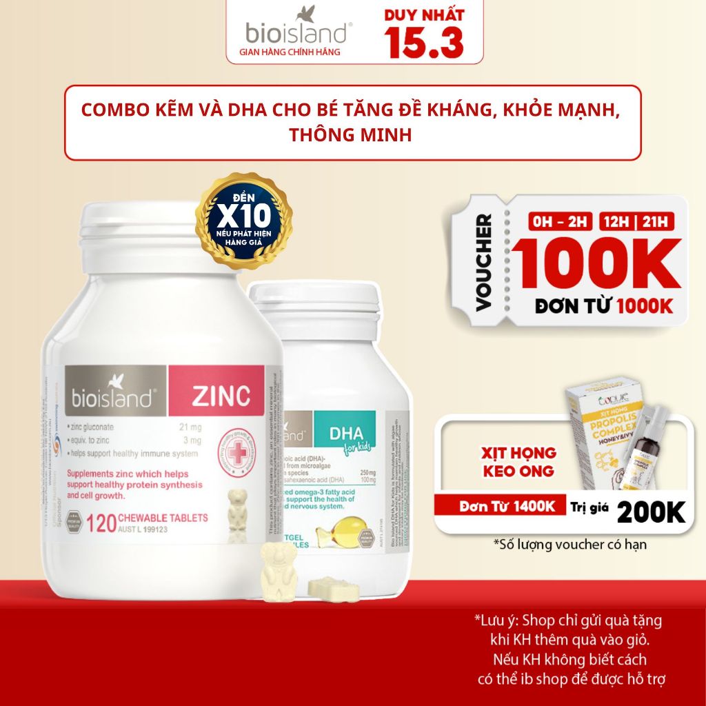 Combo Viên uống bổ sung DHA và Kẽm Bio Island for Kids giúp bé phát ...