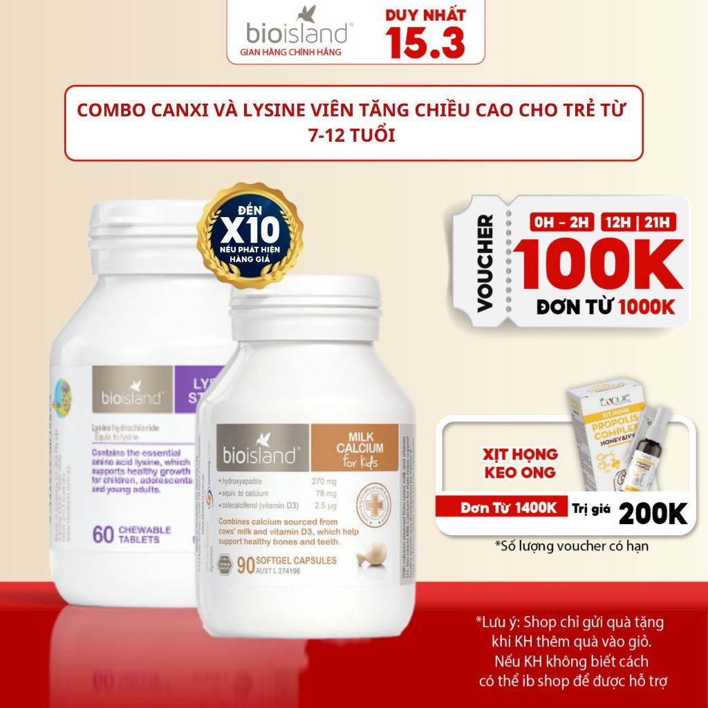 Combo tăng chiều cao cho trẻ 7-11 tuôi Canxi sữa và Lysine Bioisland, tăng cường miễn dịch, khỏe ...