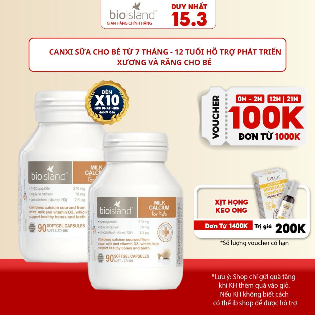Combo 2 lọ viên canxi sữa Bio Island Milk Calcium For Kid Úc tăng cường ...