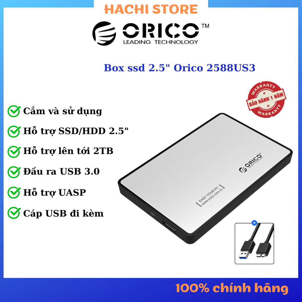 Box ssd ORICO 2588us3 hỗ trợ SSD/HDD 2.5" cổng USB 3.0 sẵn cáp đi kèm ...