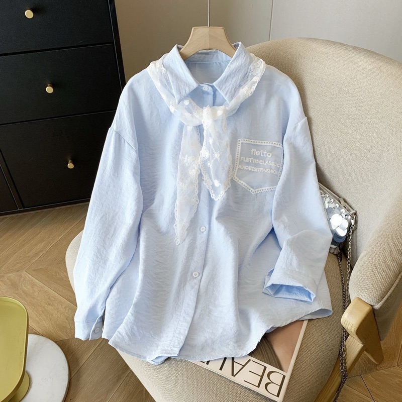 《SẴN TRẮNG,XANH XL》Áo sơ mi nữ dài tay phối TÚI REN + dải hoa xinh tháo rời kiểu dáng basic công ...