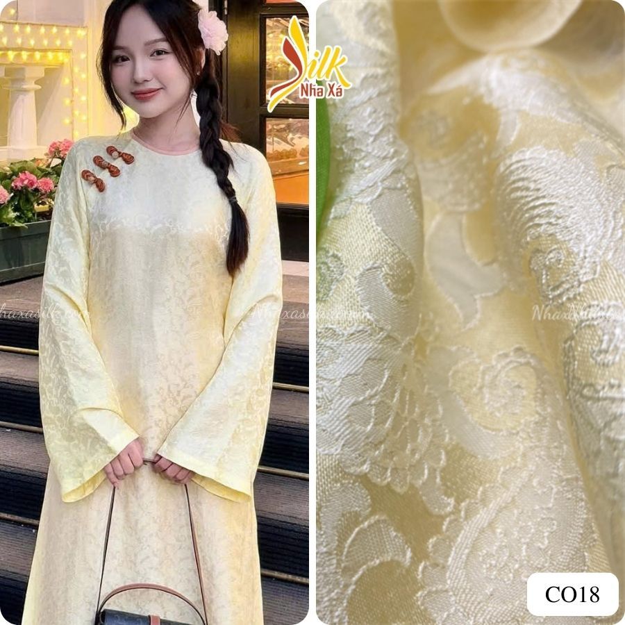 Lụa may áo dài Nhaxasilk – hoa văn phượng vũ màu vàng mỡ gà – CO18 ...