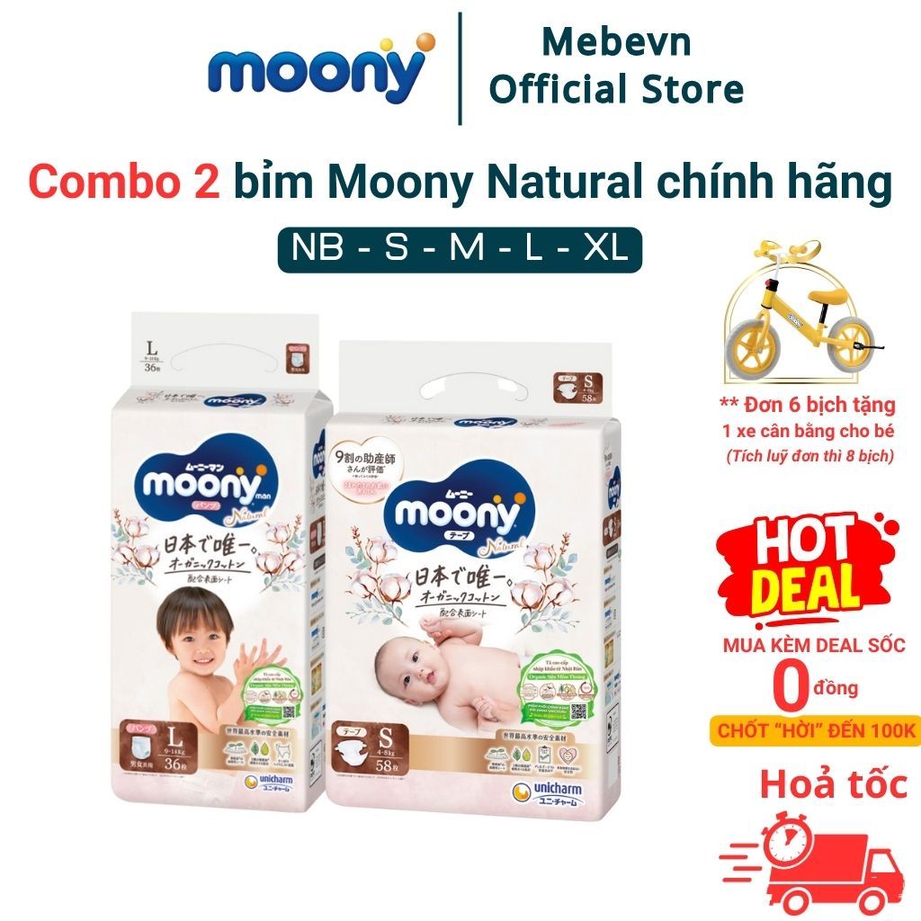 Combo 2 bỉm moony trắng, bỉm moony natural chính hãng Dán/Quần đủ size NB62/S58/M46/L36/XL32 ...