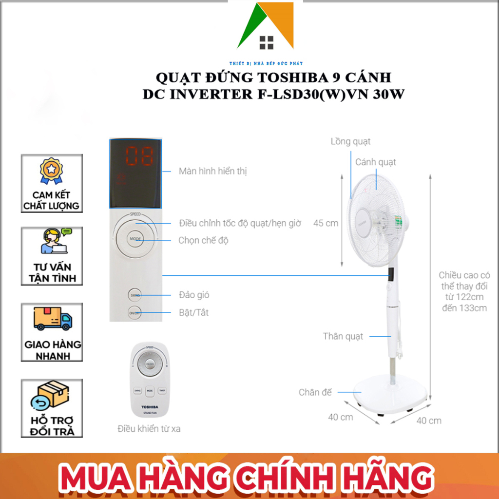 Quạt đứng 9 cánh Toshiba DC inverter F-LSD30(W)VN 30W đường kính quạt 40cm, 5 chế độ gió có bảo ...