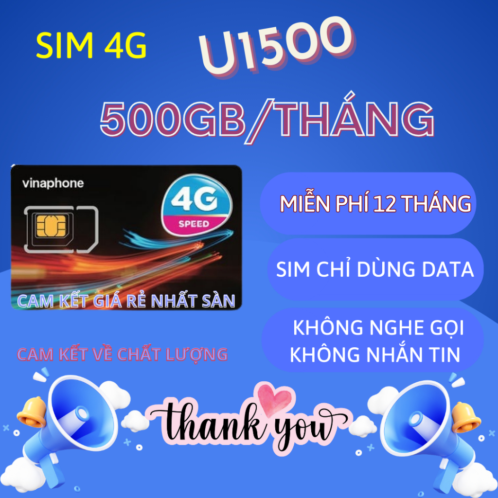 SIM VINA 4G U1500 tặng 500gb/ThángTrọn Gói 1 Năm Không Nạp Tiền | Shopee Việt Nam