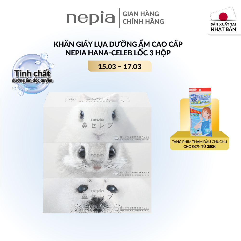 Combo 3 hộp Khăn giấy lụa dưỡng ẩm NEPIA Hana-Celeb, bột giấy tươi siêu ...