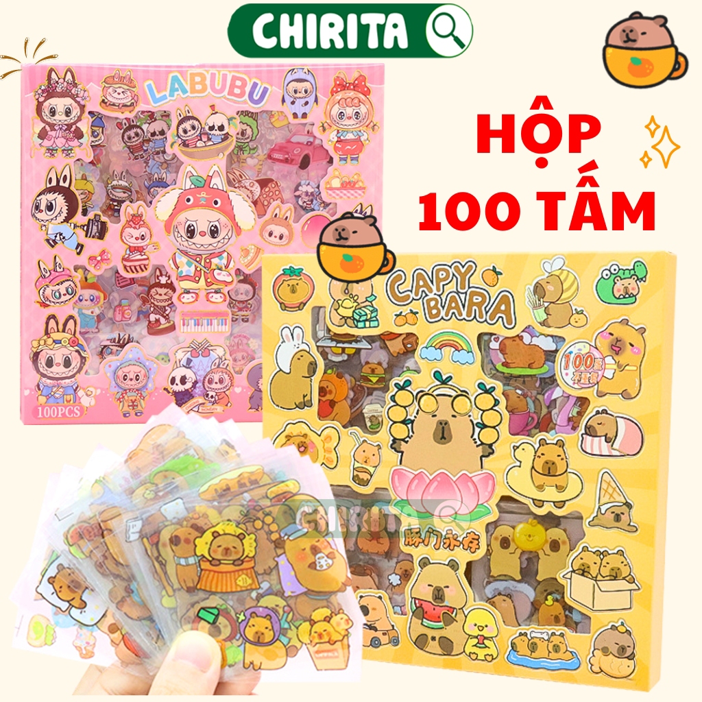 Hình Dán Sticker Baby Three, Labubu , Capybara, Gấu Dâu 100 Tấm Dễ ...