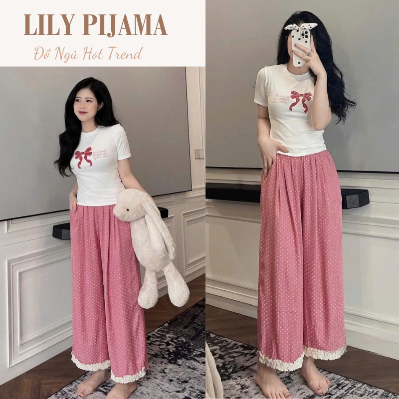 Bộ hè nữ áo thun tay ngắn in nơ phối quần dài chấm bi bo ren vintage Lily, set đồ nữ cao cấp ...