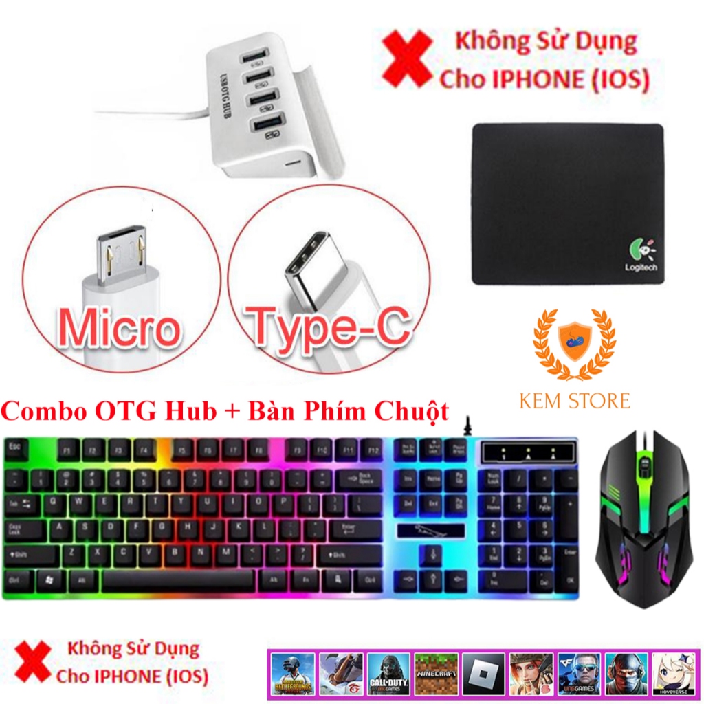 Combo Hub OTG + bàn phím chuột LED Gaming và USB OTG HUB hỗ trợ Free ...