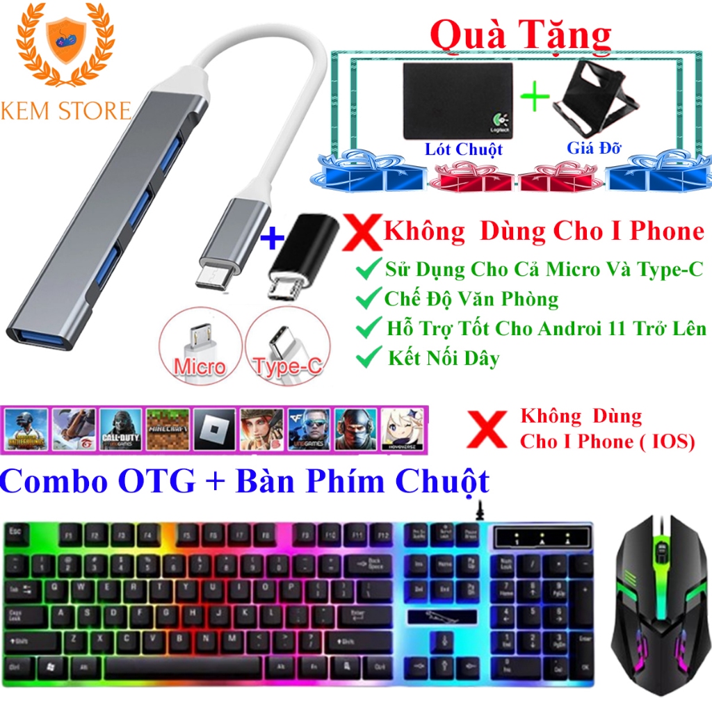 Combo USB OTG Dây 3.0 + Bàn phím chuột giả cơ LED Minecraft, Roblox ...