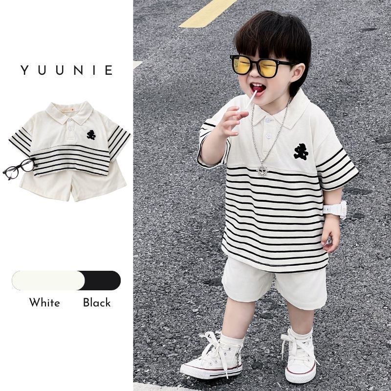 Bộ Polo bé trai Yuunie, áo cotton kẻ ngang thoáng mát hình thêu đẹp mắt ...