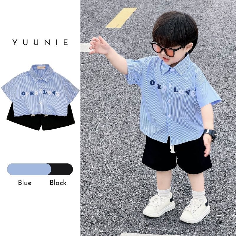 Bộ cộc tay bé trai Yuunie, áo sơ mi kẻ xanh, quần kaki hình thêu chữ ...