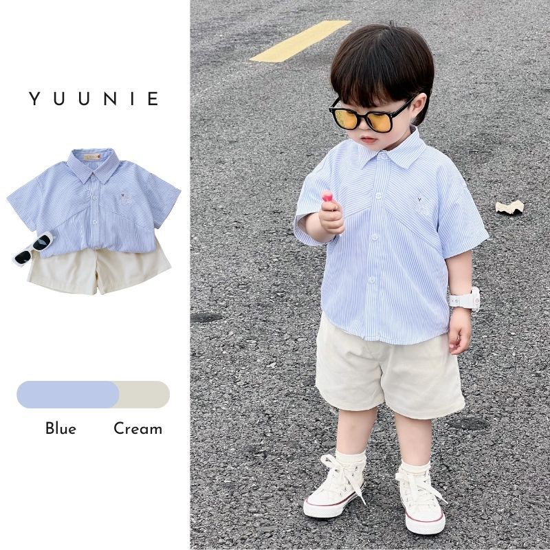 Bộ bé trai sơ mi Yuunie, áo sơmi kẻ xanh thoáng mát hình thêu quần kaki ...