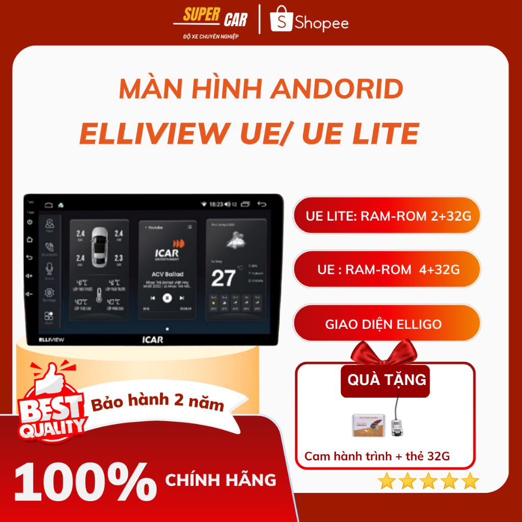 Màn hình Android ICAR Elliview UE NEO/ Elliview UE Lite / UE 2K/ U5BL Không cam 360, Tặng Cam HT ...