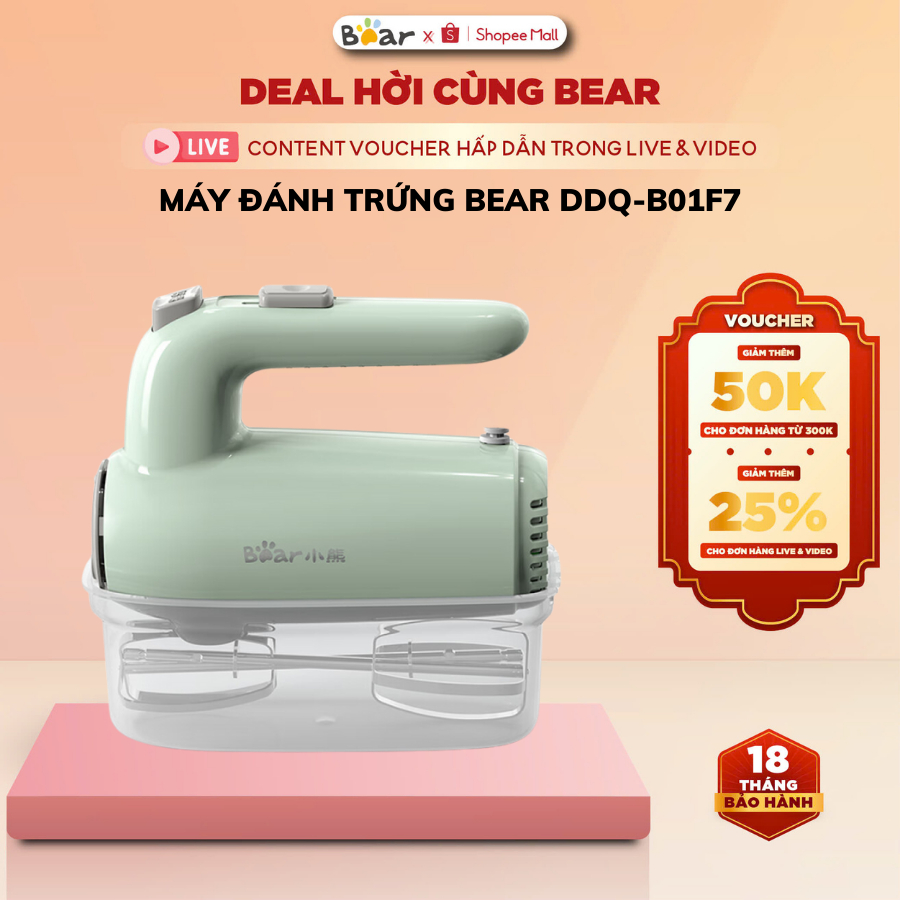Máy đánh trứng mini cầm tay Bear DDQ-B01F7, 125W, Đánh kem trứng mềm- tích hợp 5 chế độ-BH 18 ...