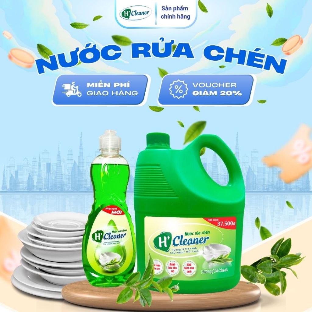 Nước rửa chén H'Cleaner hương trà xanh- Khử mùi, sạch nhanh, an toàn da ...