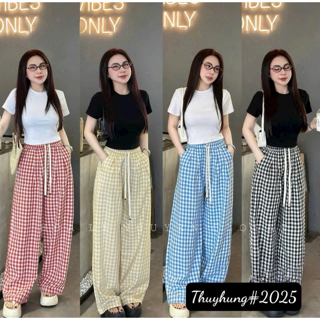 Quần ống rộng kẻ caro chất vải đũi lụa dáng suông dài 98 đến 100cm cạp chun lưng cao có dây rút ...