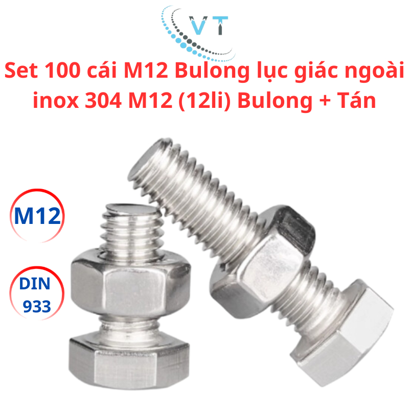 Set 100 cái M12 Bulong lục giác ngoài inox 304 M12 (12li) Bulong + Tán ...