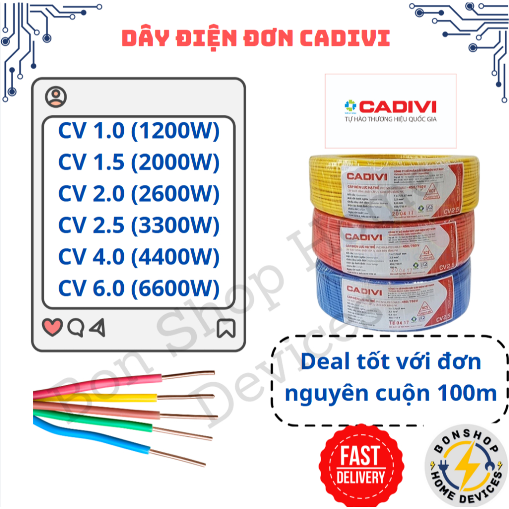 Dây điện đơn CADIVI CV 1.0, 1.5, 2.5, 4.0, 6.0 (nguyên cuộn 100m). | Shopee Việt Nam