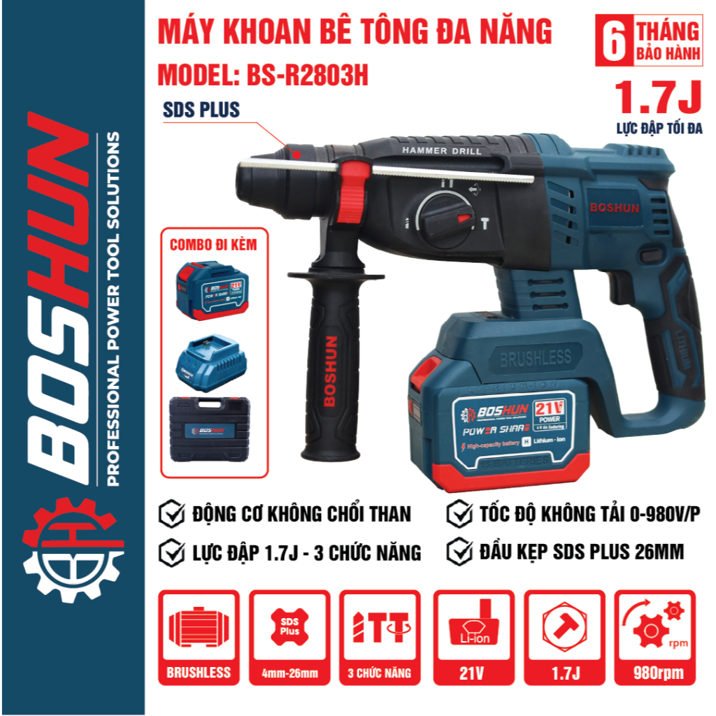 Máy khoan bê tông pin 3 chức năng Boshun BS-G2803H pin khủng 15 Cell, Chuyên khoan bê tông ...