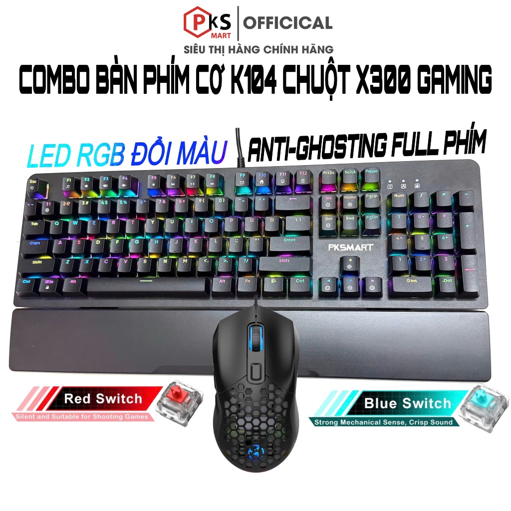 Combo Bàn Phím Cơ Chuột Gaming Có Dây - PKSMART BLACK S K104 + X300 - LED RGB 15 Hiệu Ứng Và 8 ...