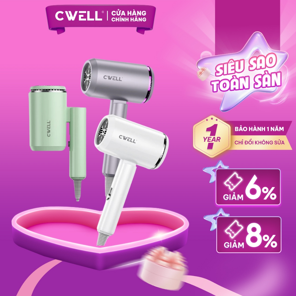 Máy sấy tóc gấp gọn CWell 1800W 2 chiều nóng lạnh, 3 chế độ nhiệt, ánh ...