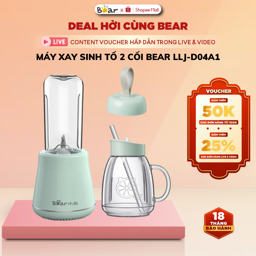 Máy xay sinh tố điện cầm tay mini 0.6L Bear LLJ D04A1, 200W, cốc kèm nắp, ít tiếng ồn, BH 18 ...