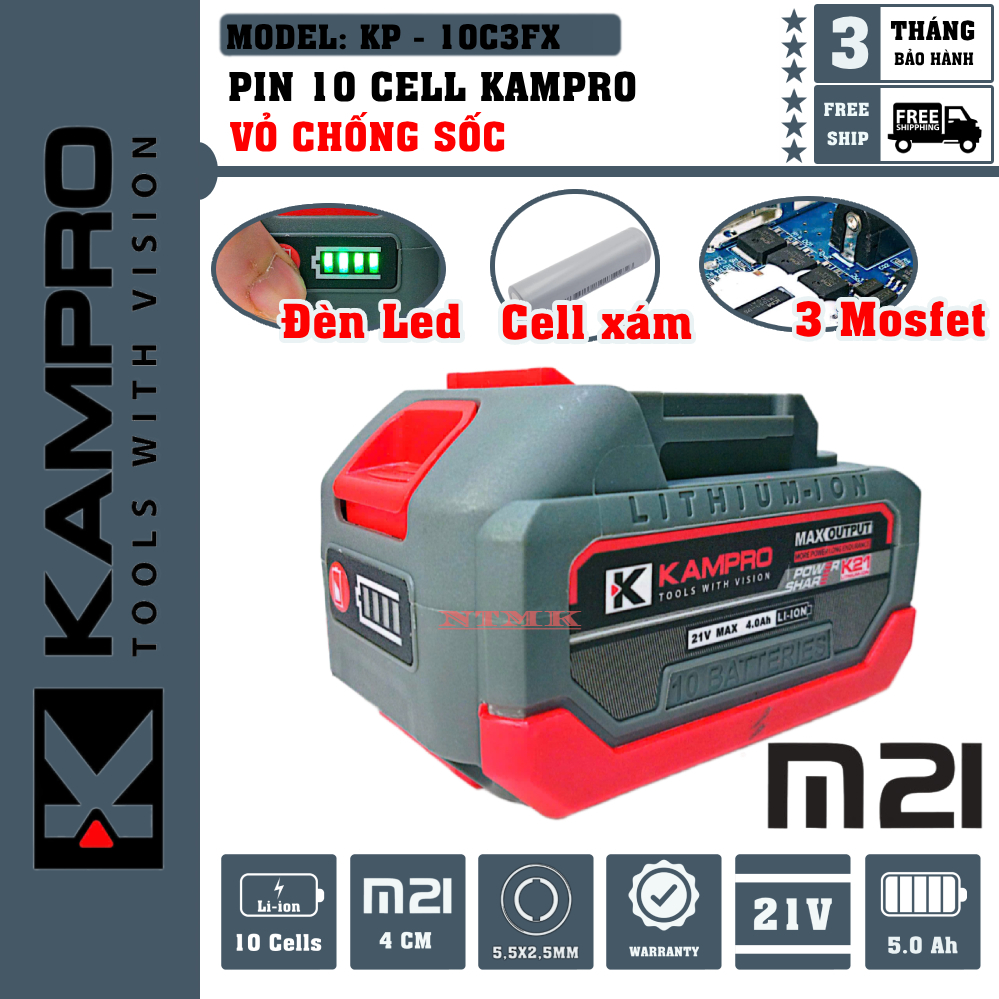 Pin 10 cell kampro 21v chân phổ thông M21 4 cm, vỏ chống sốc, chính ...
