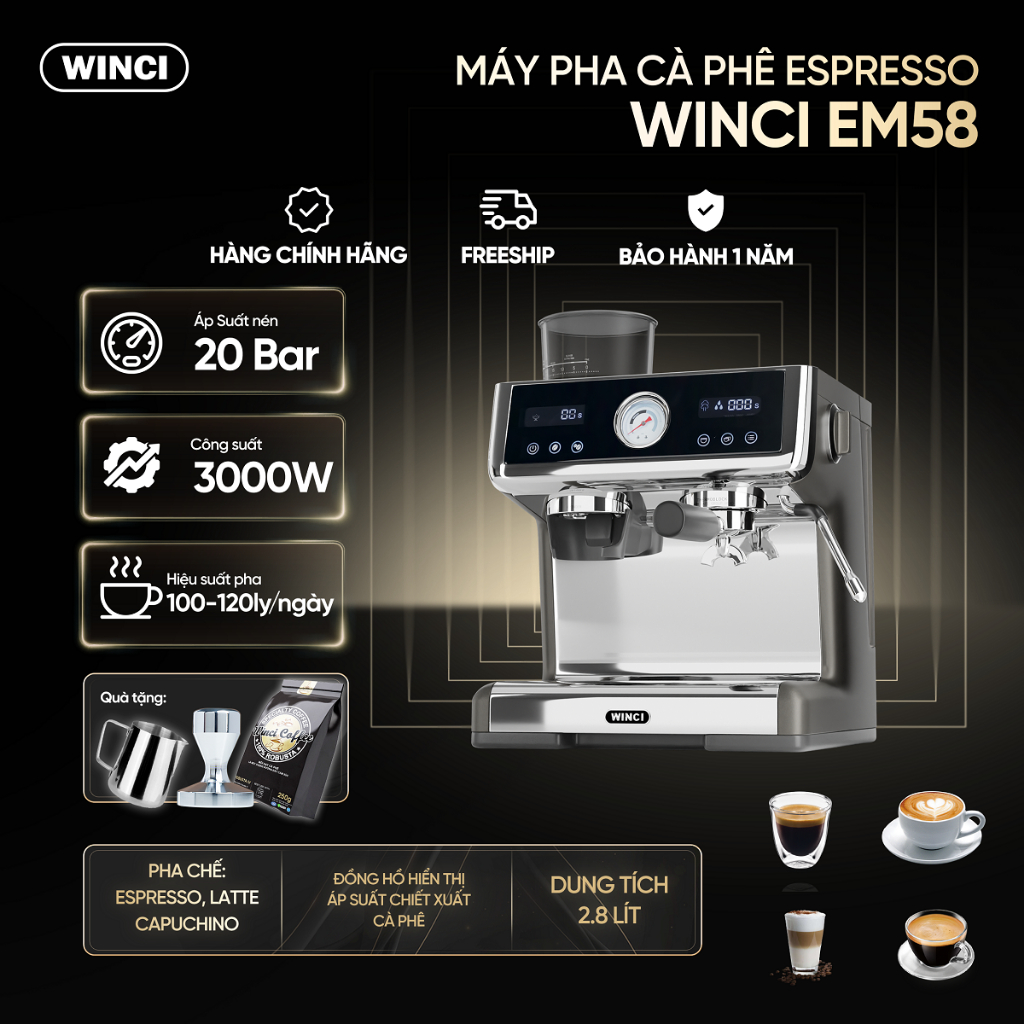 Máy Pha Cà Phê Tự Động Winci EM58, 20 Bar, Pha Espresso, Latte ...