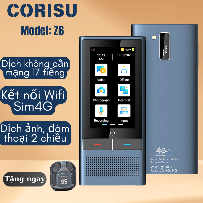 Máy phiên dịch Corisu Z6 sim 4G dịch giọng nói online 138, offline 18 ngôn ngữ bản nâng cấp 2024 ...