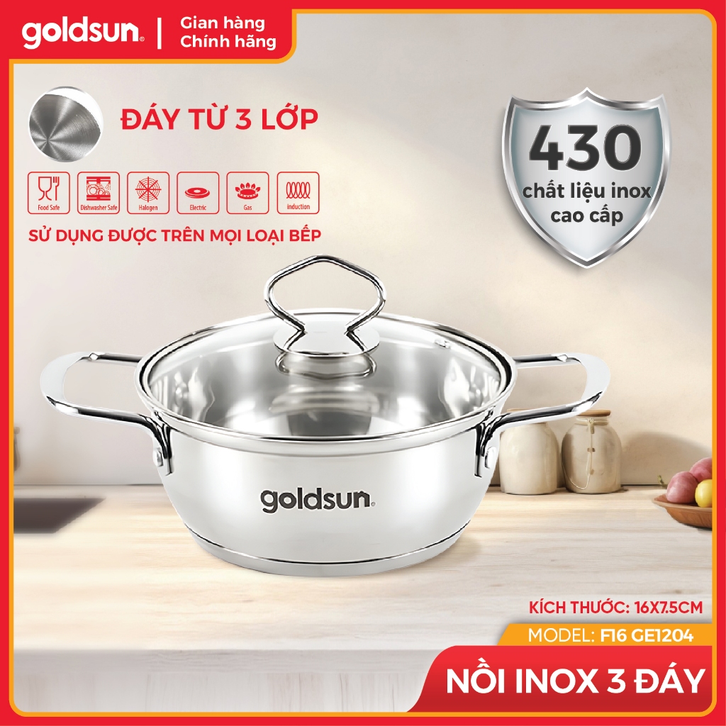 Nồi inox 3 đáy Goldsun size16 GE1204 dùng được trên bếp từ. | Shopee Việt Nam