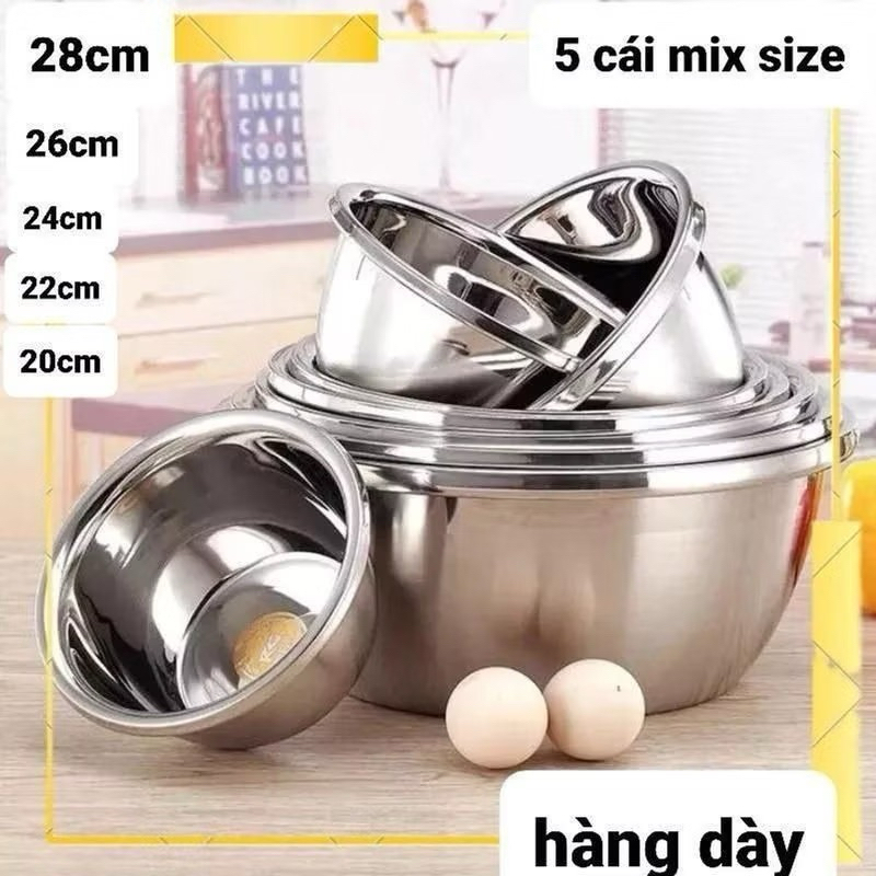 Combo 5 thau Inox 304 đủ size 20,22,24,26,28 cm. Đựng rau quả, thực phẩm làm bánh. Hàng dày đa ...