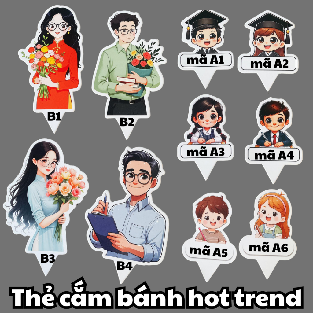 Thẻ cắm bánh kem chibi THẦY CÔ + HỌC SINH hot trend. ( xấp 50 HỌC SINH ...