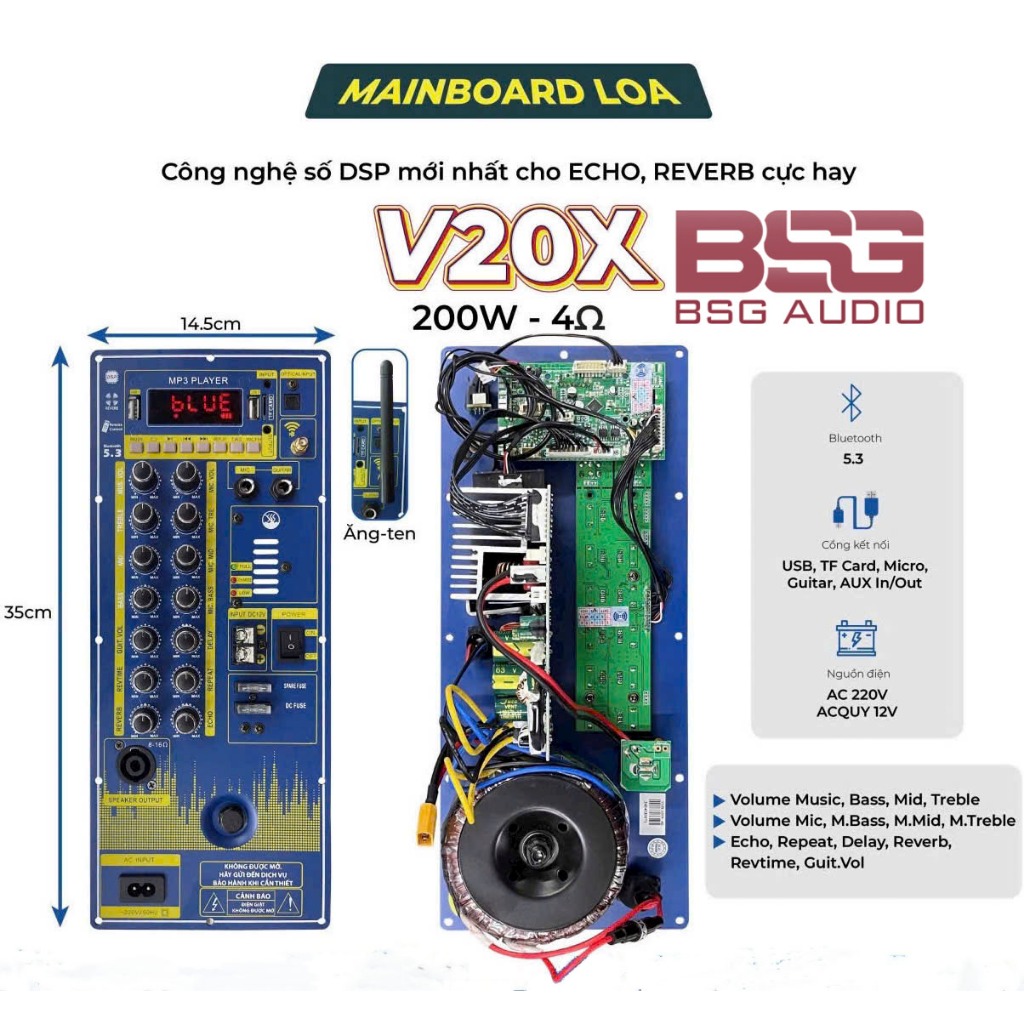 BO MẠCH DSP V20X ECHO+DELAY CÓ REVERB KÍCH THƯỚC 14.5X35 CM (BO ĐỨNG ...