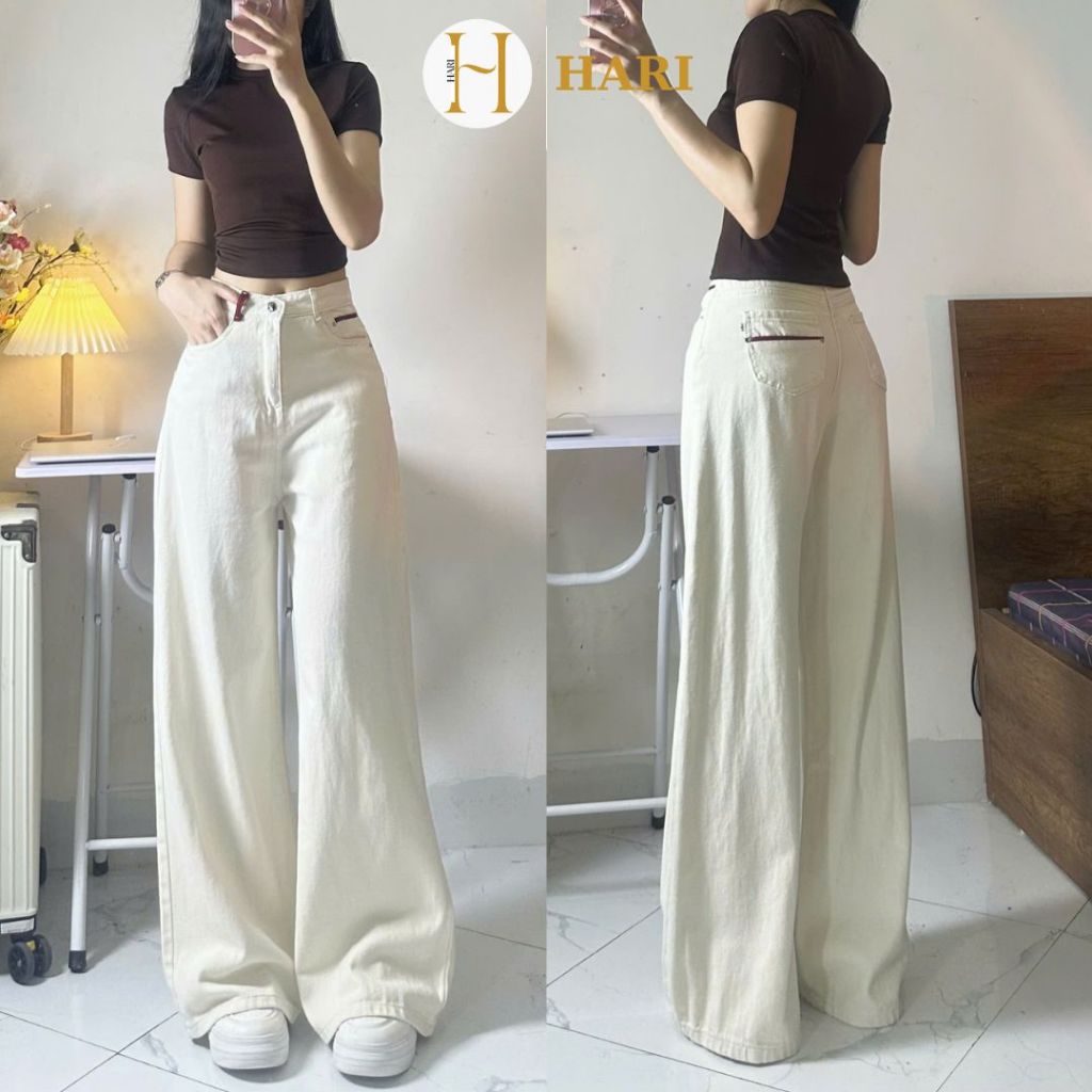 Quần jeans trắng kem Hari ánh rêu ống rộng | Shopee Việt Nam