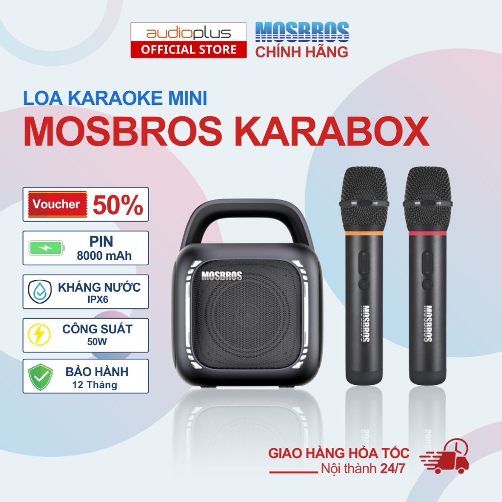 Loa karaoke mini MOSBROS Karabox - 50W - Tích hợp 2 mic không dây - Pin ...